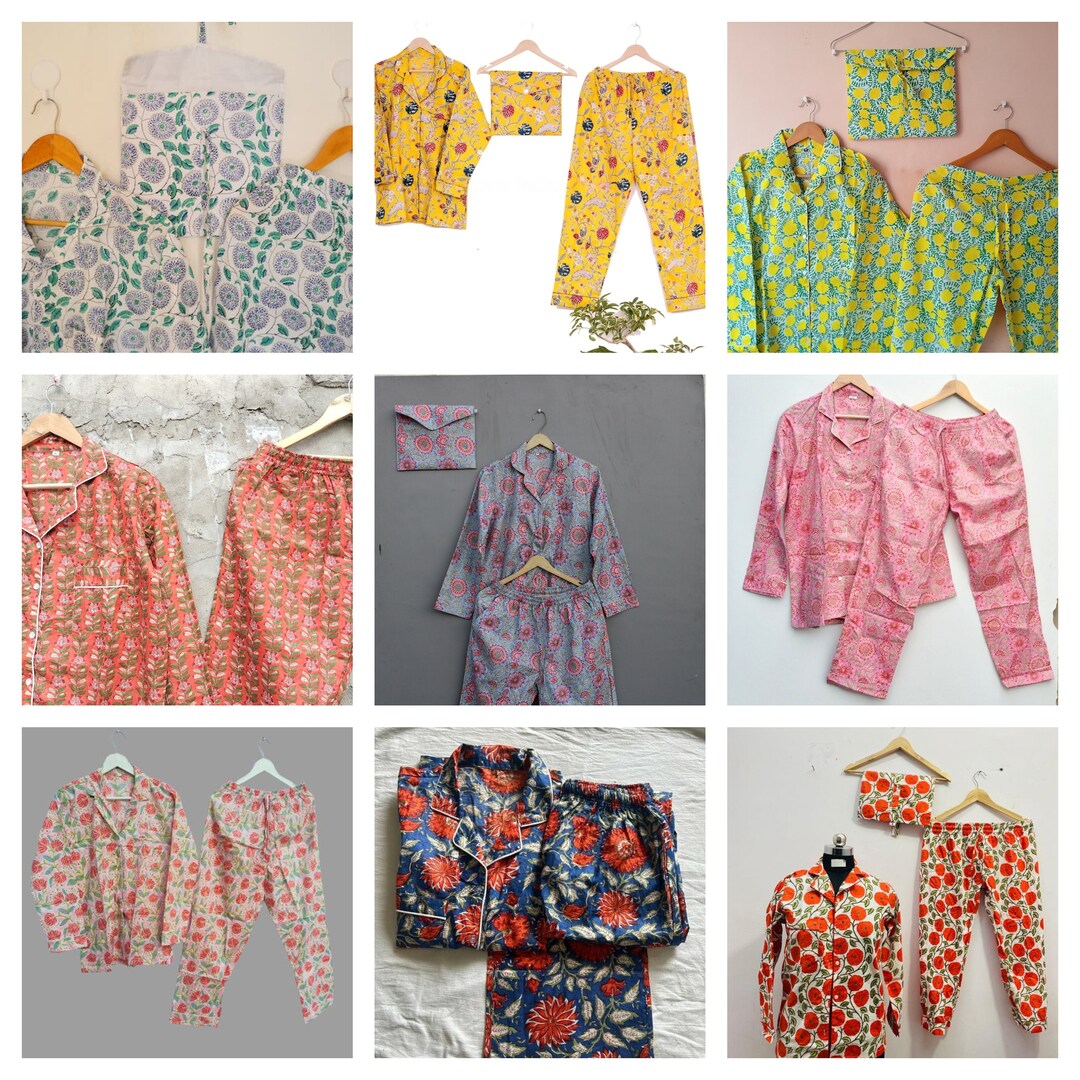 Block Print Pajamas Set , Floral Print Night Suit , Cotton Pajama Set ...