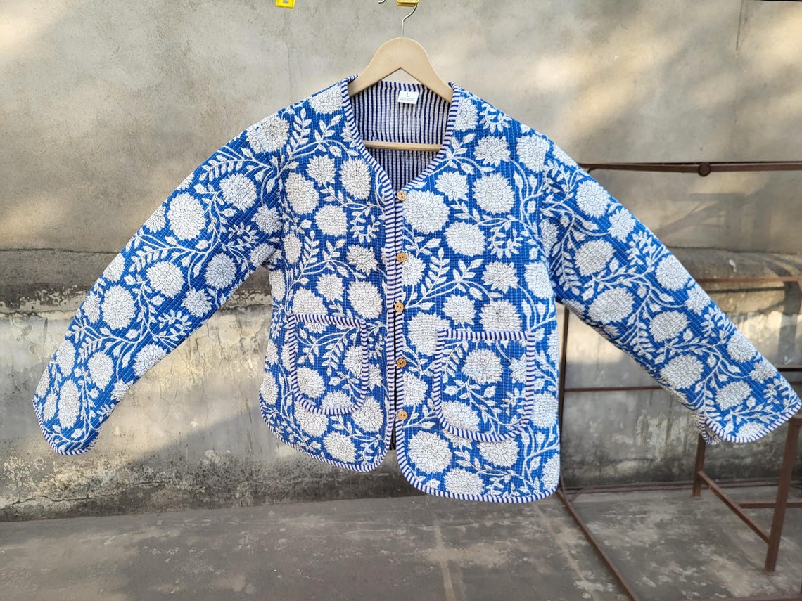 Blue Floral Block Print Quilted Jacket Short Kimono Womens Wear Cotton ...