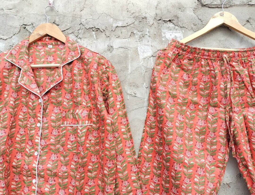 Handmade Indian Block Print Cotton Pajama Set: Floral Nightwear - Etsy