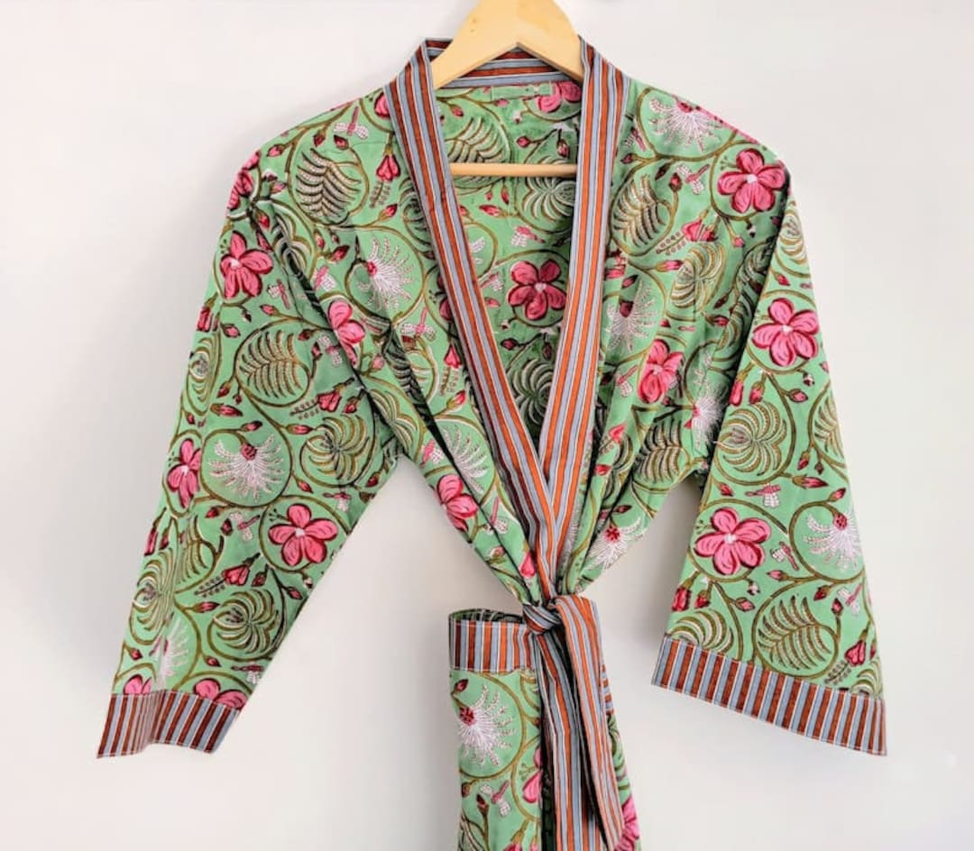 100% Pure Cotton Kimono Robes for Women Indian Dressing Gown Summer Nightwear Kimonos Best Gift ...