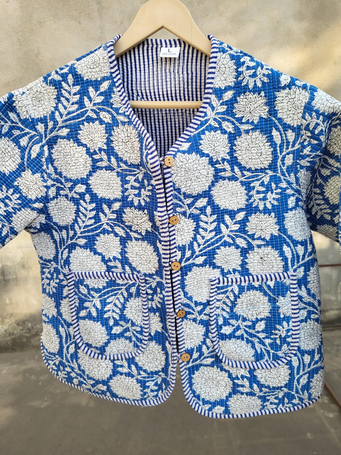 Blue Floral Block Print Quilted Jacket Short Kimono Womens Wear Cotton ...