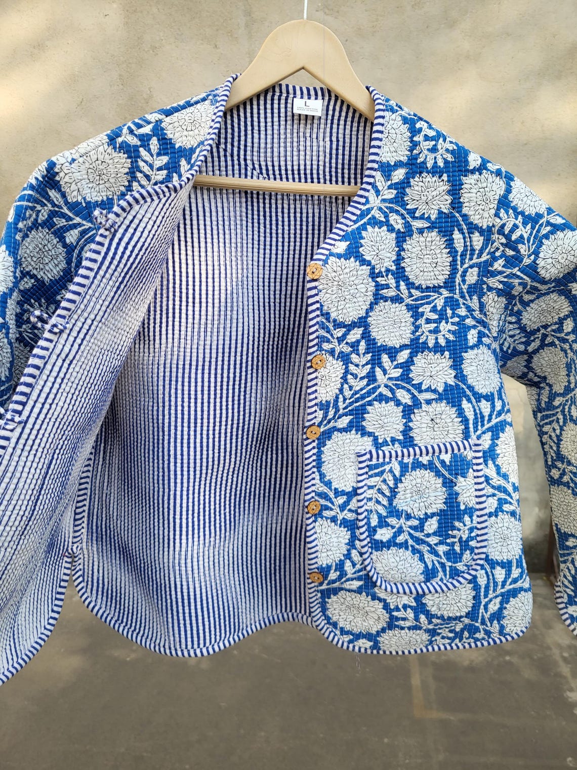Blue Floral Block Print Quilted Jacket Short Kimono Womens Wear Cotton ...