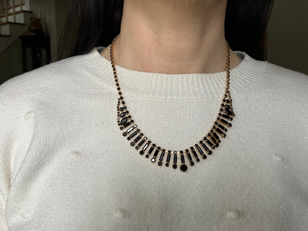 Black Baguette Stones, Gold Tone Chain Necklace, Stamped J. Crew - Etsy