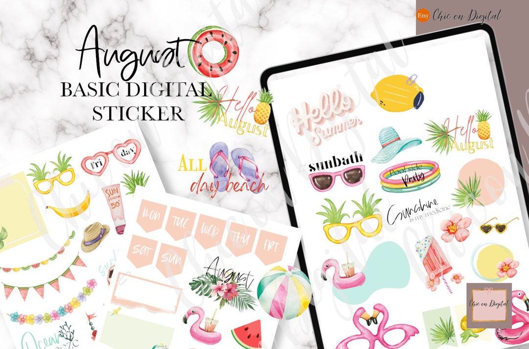 AUGUST BASIC Digital Stickers, Summer Goodnotes Stickers, Beach ...