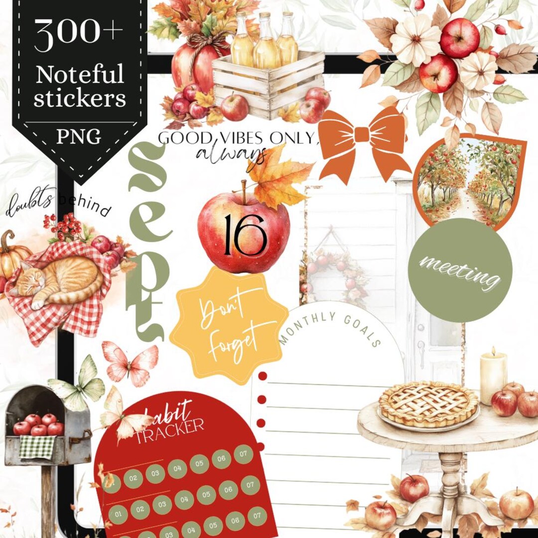 Noteful Digital Stickers Fall Apple Vintage Pack, Digital Journal ...