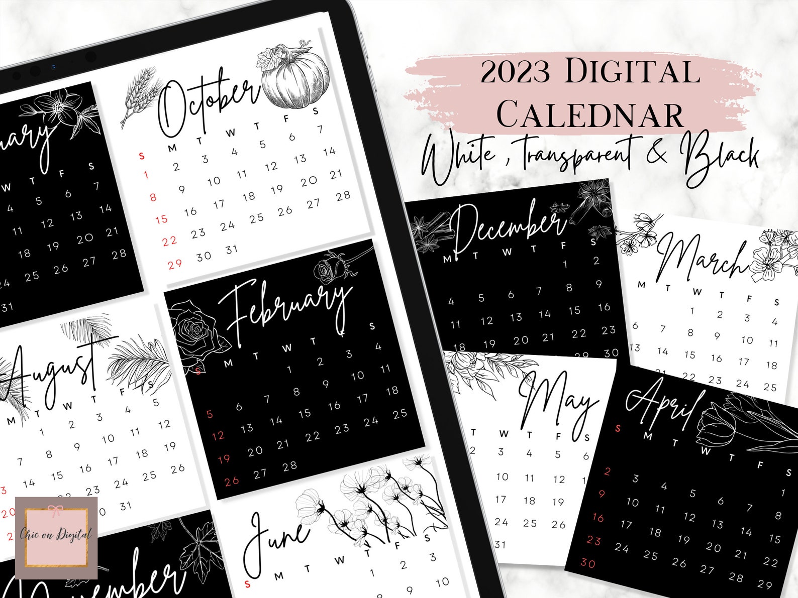 2023 Goodnotes Stickers, 2023 Black & White Digital Calendar ...