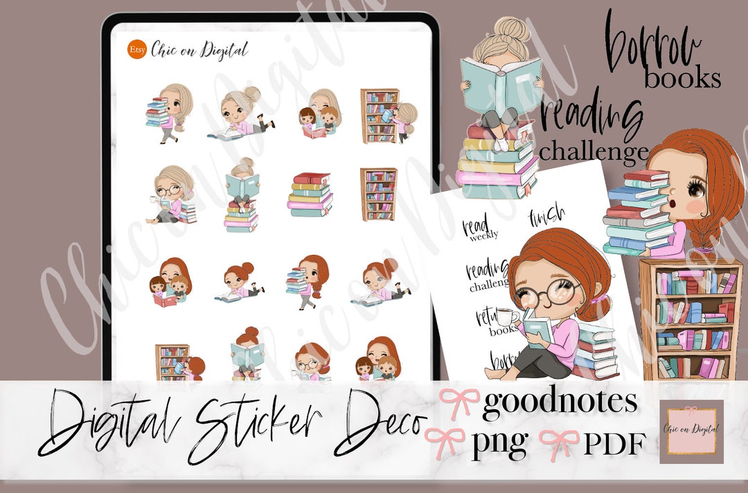 BOOKWORM DIGITAL Stickers, Reading Girl Stickers, Library Goodnotes ...
