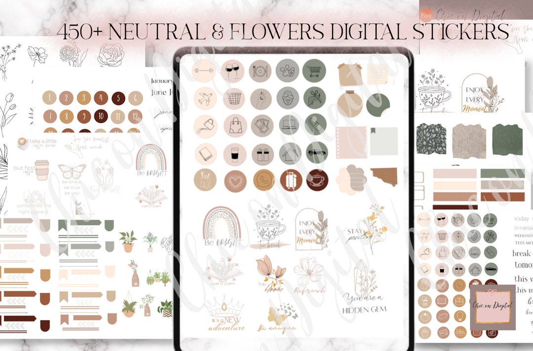 NEUTRAL BASIC Digital Stickers, Floral Goodnotes Stickers, Goodnotes ...