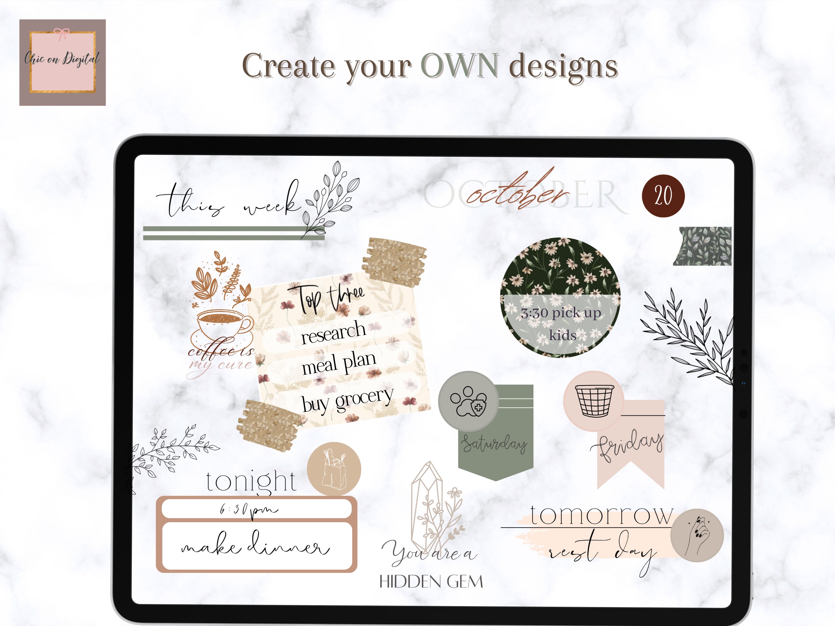 NEUTRAL BASIC Digital Stickers, Floral Goodnotes Stickers, Goodnotes ...