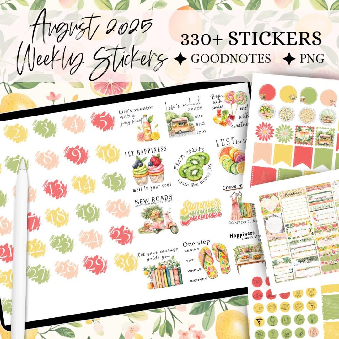 August GOODNOTES STICKERS, Digital Stickers Monthly, Summer Fruit ...