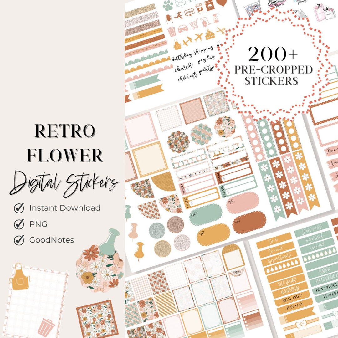 RETRO Flower Digital Stickers, Cute Digital Sticker Summer Flower ...