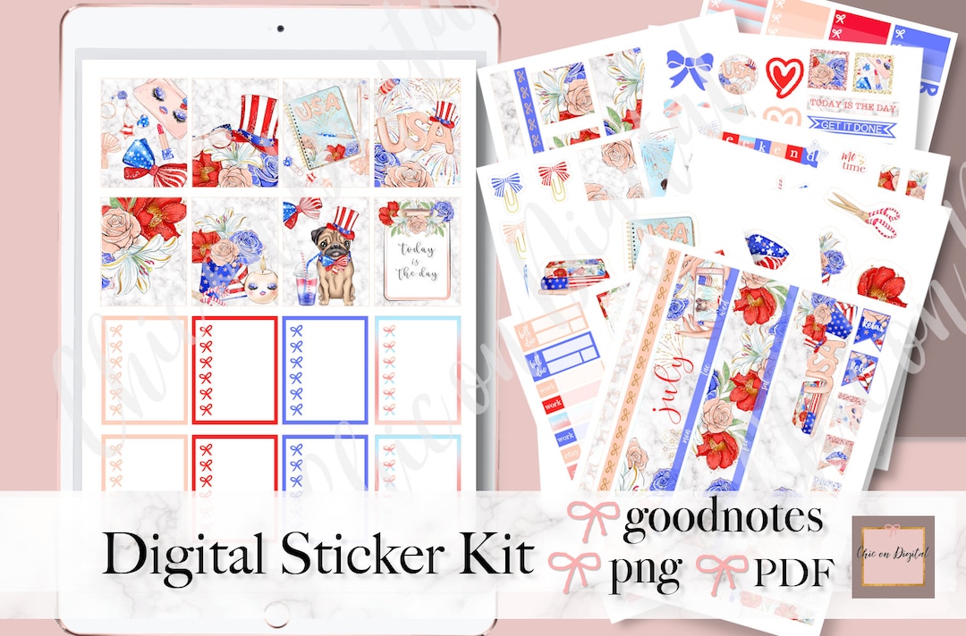 JULY MONTHLY KIT Digital Stickers, July 4th Goodnotes Planner Stickers ...