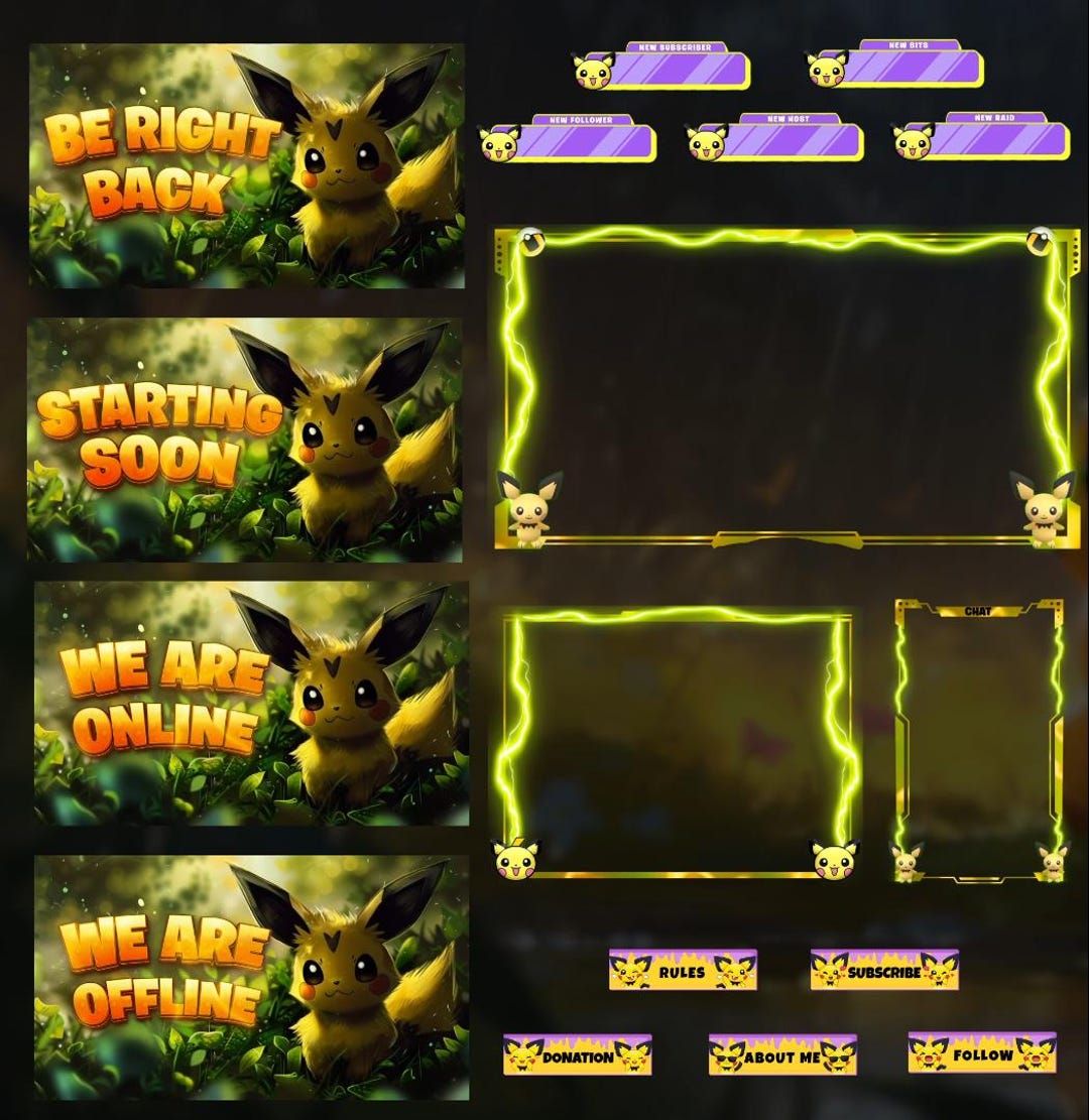 Pokémon Twitch Overlay Download | Pichu Kawaii Yellow Stream Panels ...
