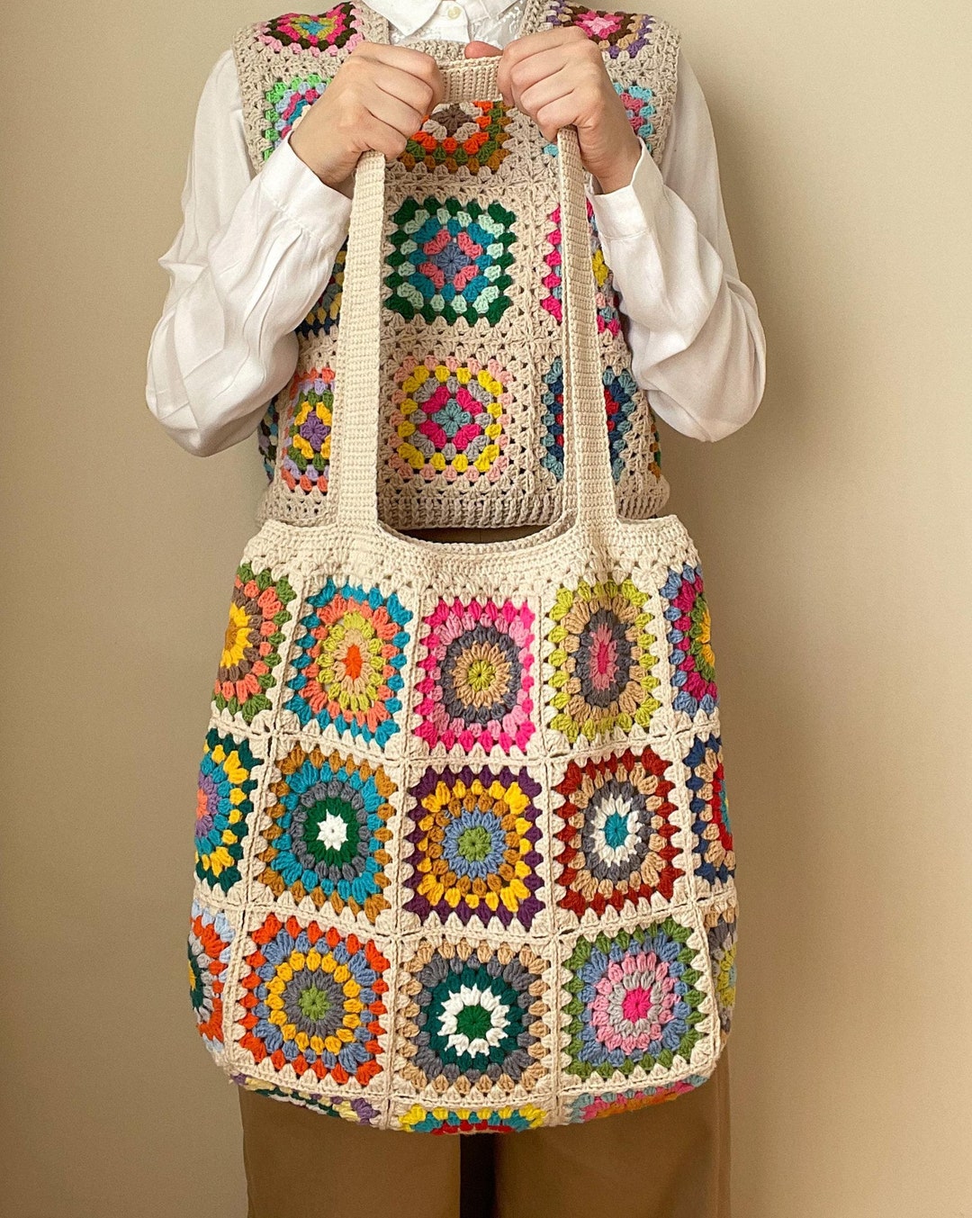 Crochet XL Tote Bag, Granny Square Shoulder Bag, Cotton Lined Large ...