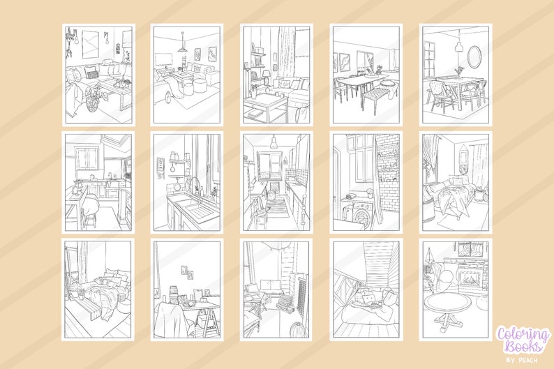 Interior Design Printable Coloring Book, Drawings to Color for Adults ...