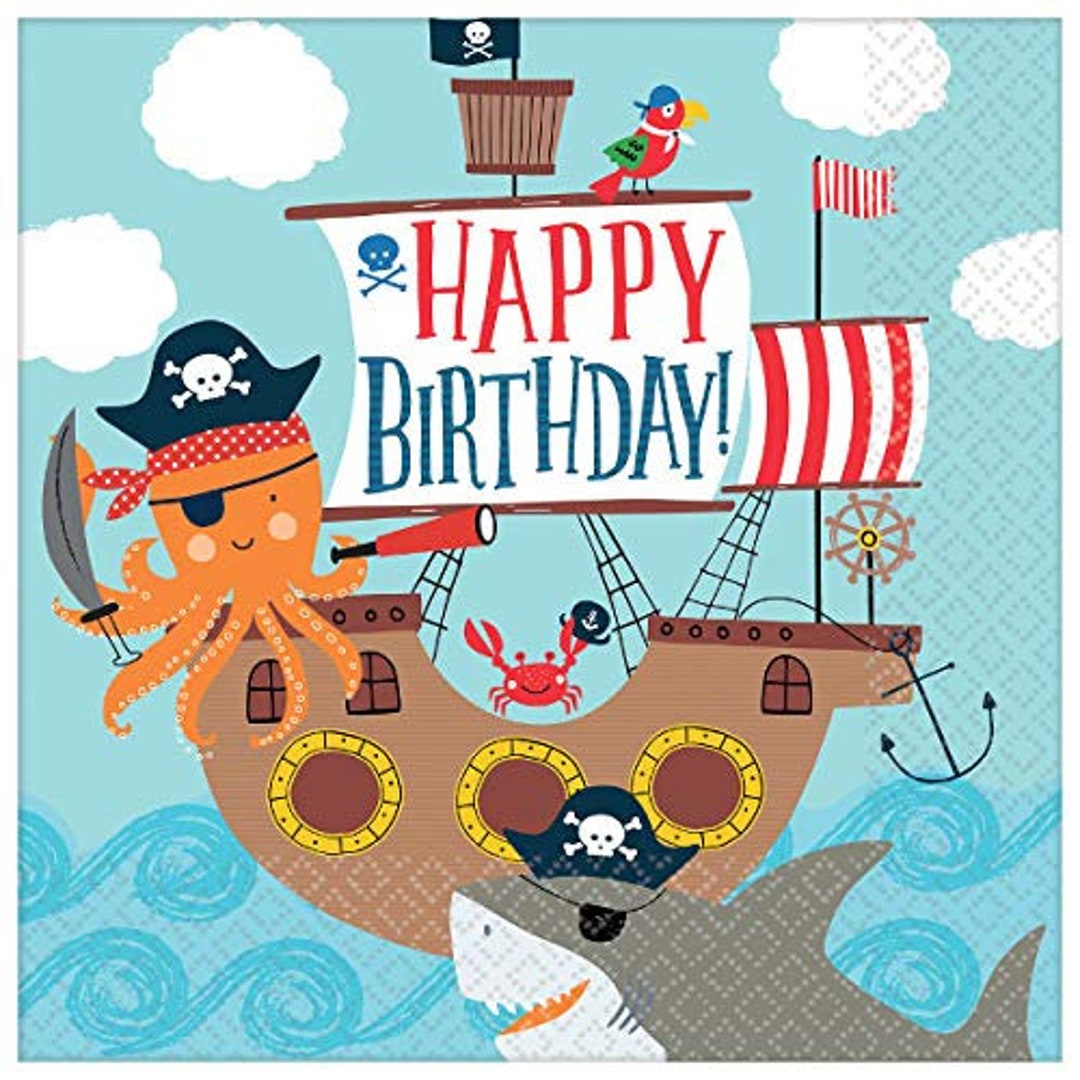 Pirate Ship Ahoy Happy Birthday Nautical, Shark, Luncheon Napkins Giant ...