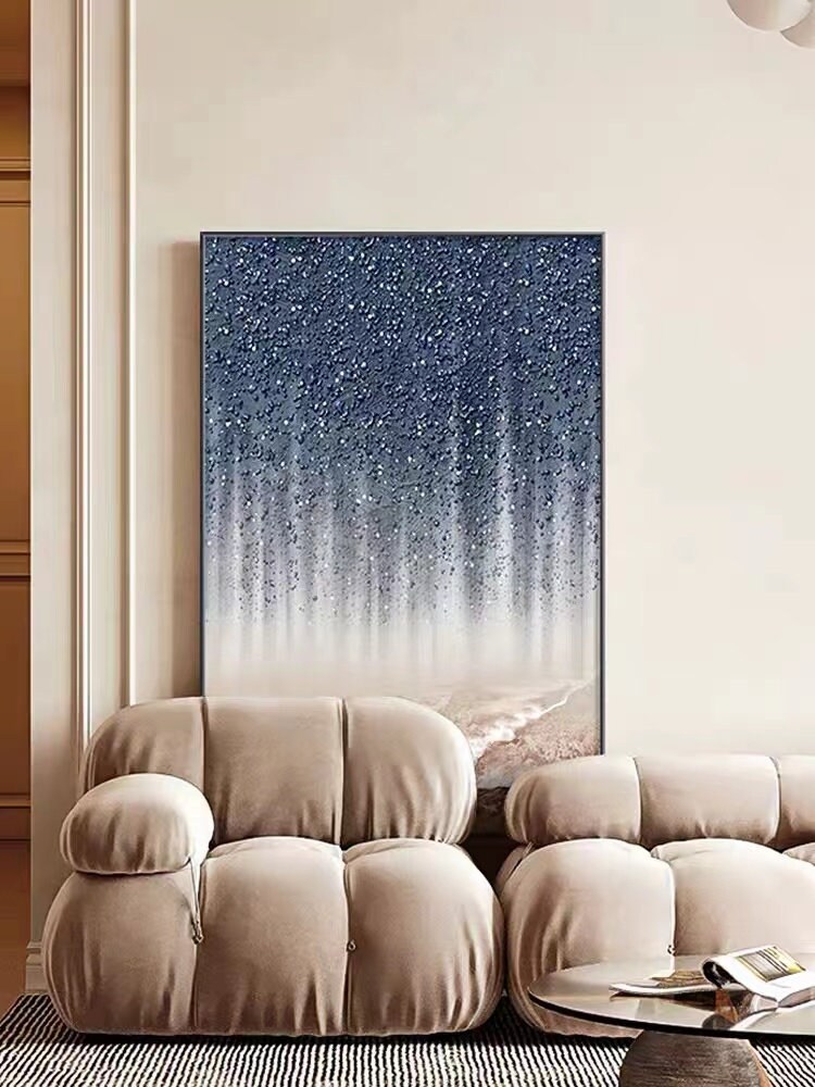 Abstract Starry Sky Beach Oil Painting on Canvas, Large Original Blue ...