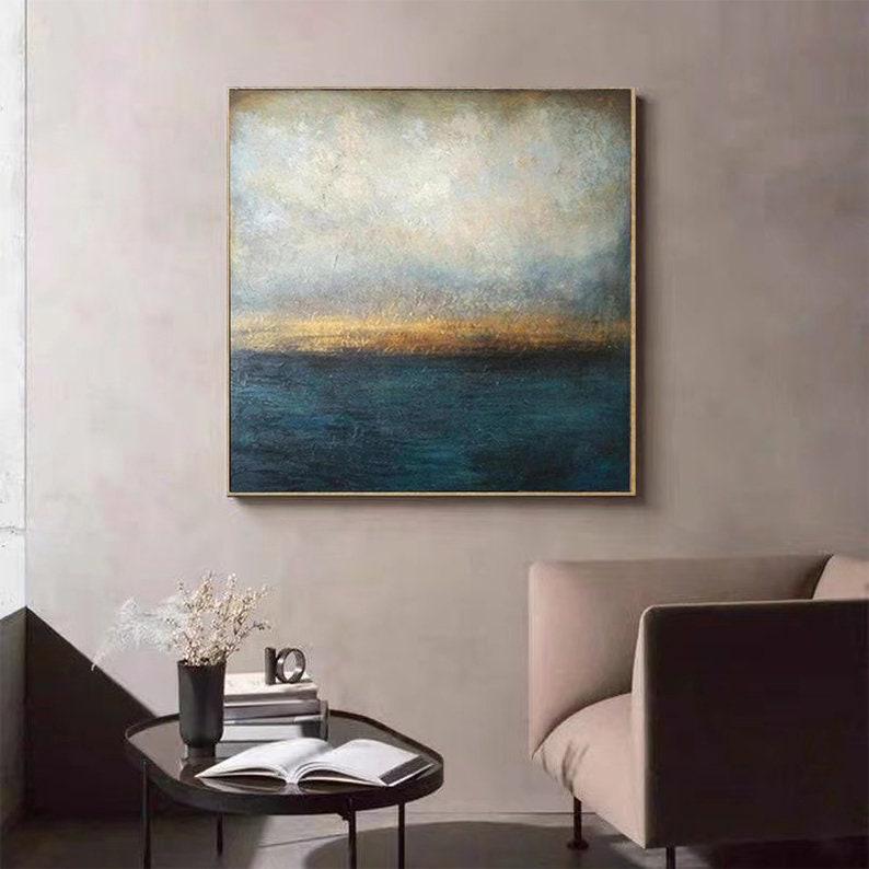 Sunset Painting Abstract Blue Ocean Wall Art Gold Horizon Fine - Etsy