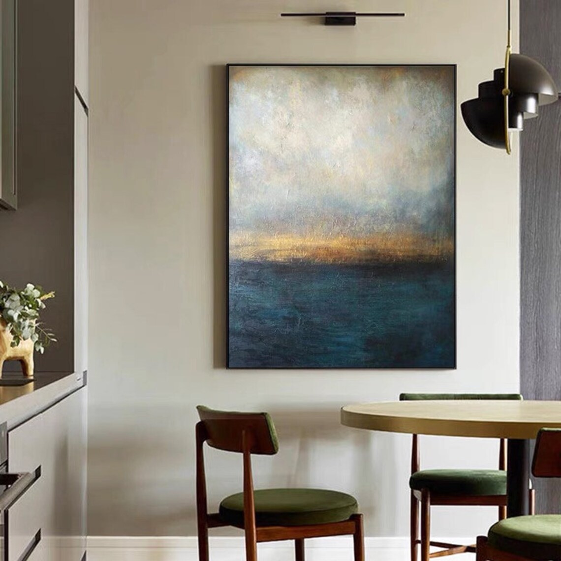 Blue Sunset Painting Abstract Blue Ocean Wall Art Gold Horizon Fine Art ...