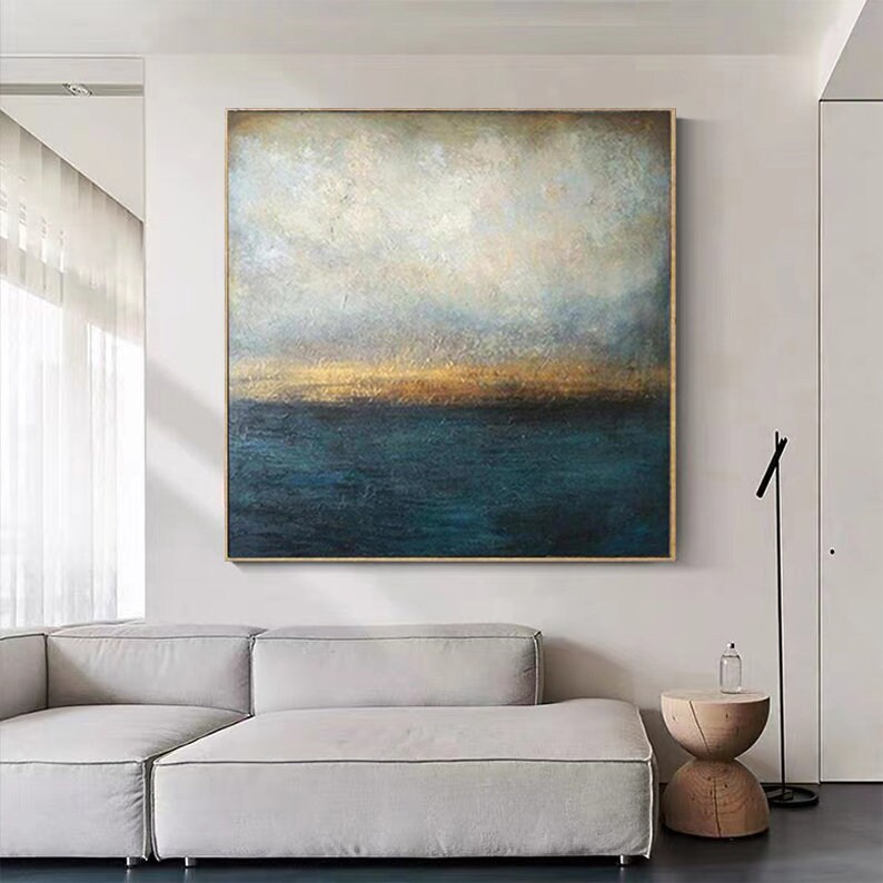 Sunset Painting Abstract Blue Ocean Wall Art Gold Horizon Fine - Etsy