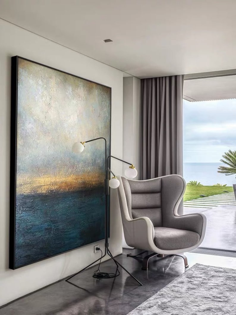 Blue Sunset Painting Abstract Blue Ocean Wall Art Gold Horizon Fine Art ...