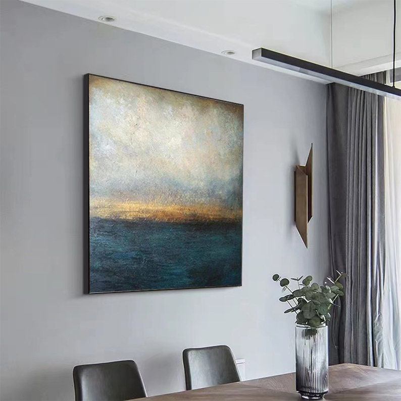 Sunset Painting Abstract Blue Ocean Wall Art Gold Horizon Fine - Etsy