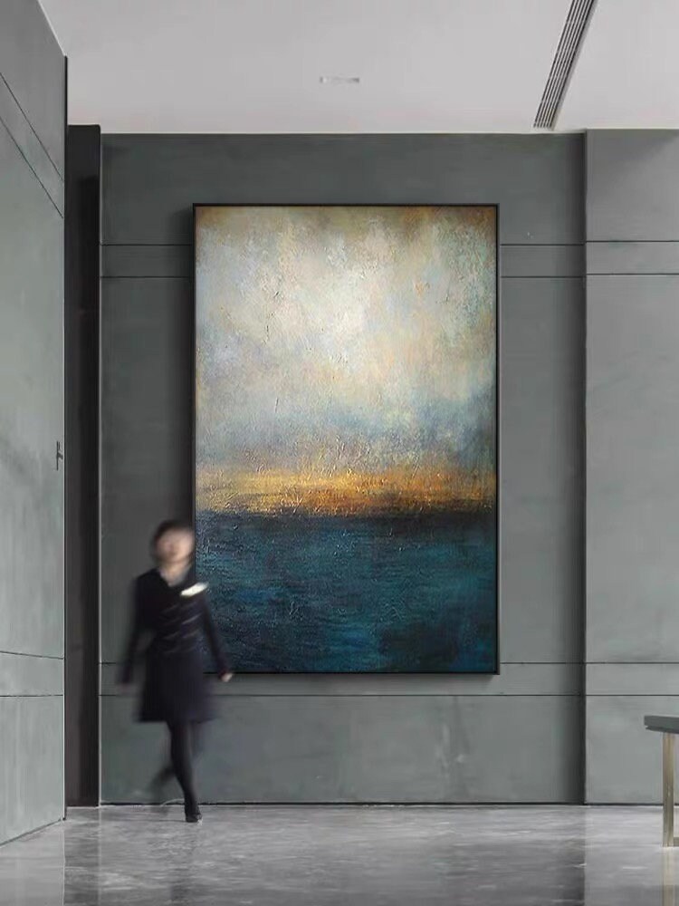 Blue Sunset Painting Abstract Blue Ocean Wall Art Gold Horizon Fine Art ...