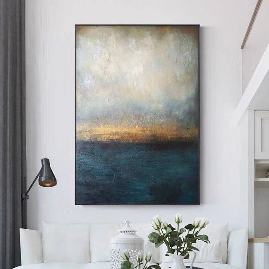 Blue Sunset Painting Abstract Blue Ocean Wall Art Gold Horizon Fine Art ...