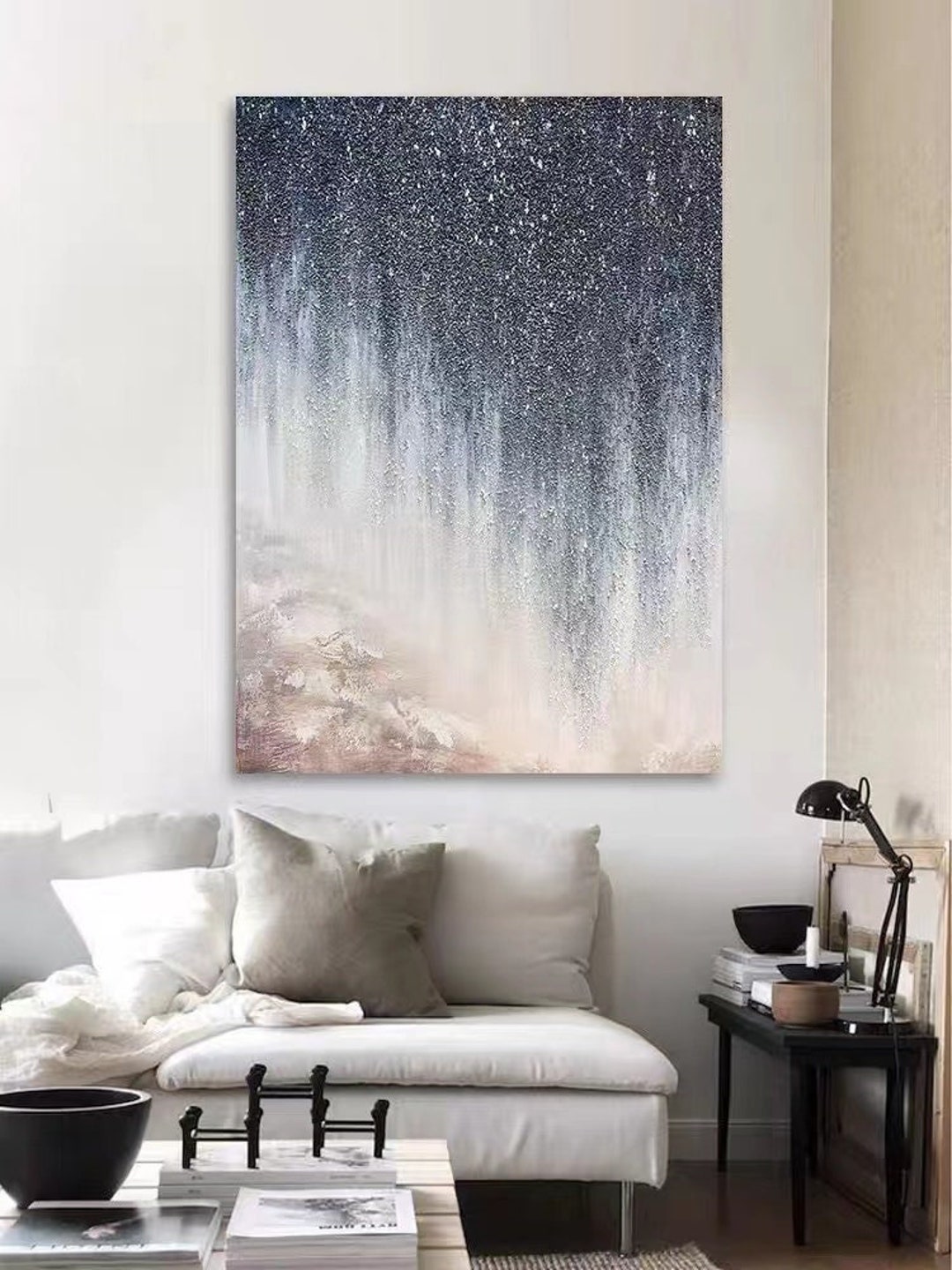 Original Blue White Starry Sky Painting Boho Abstract 3D Textured Wall ...