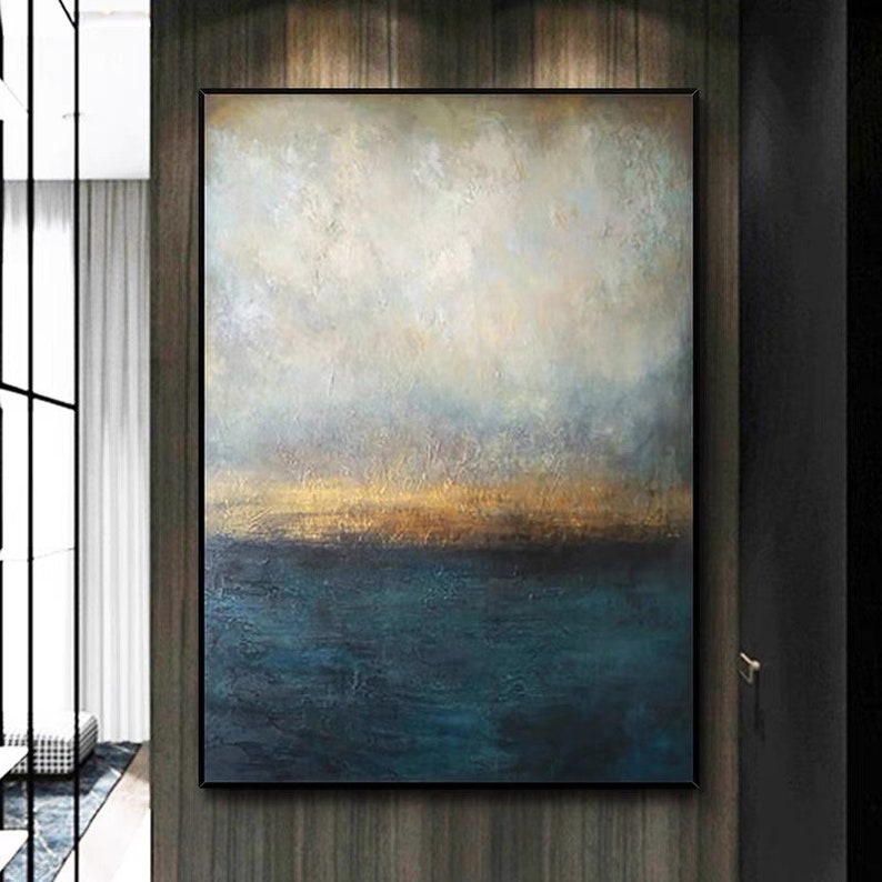 Blue Sunset Painting Abstract Blue Ocean Wall Art Gold Horizon Fine Art ...