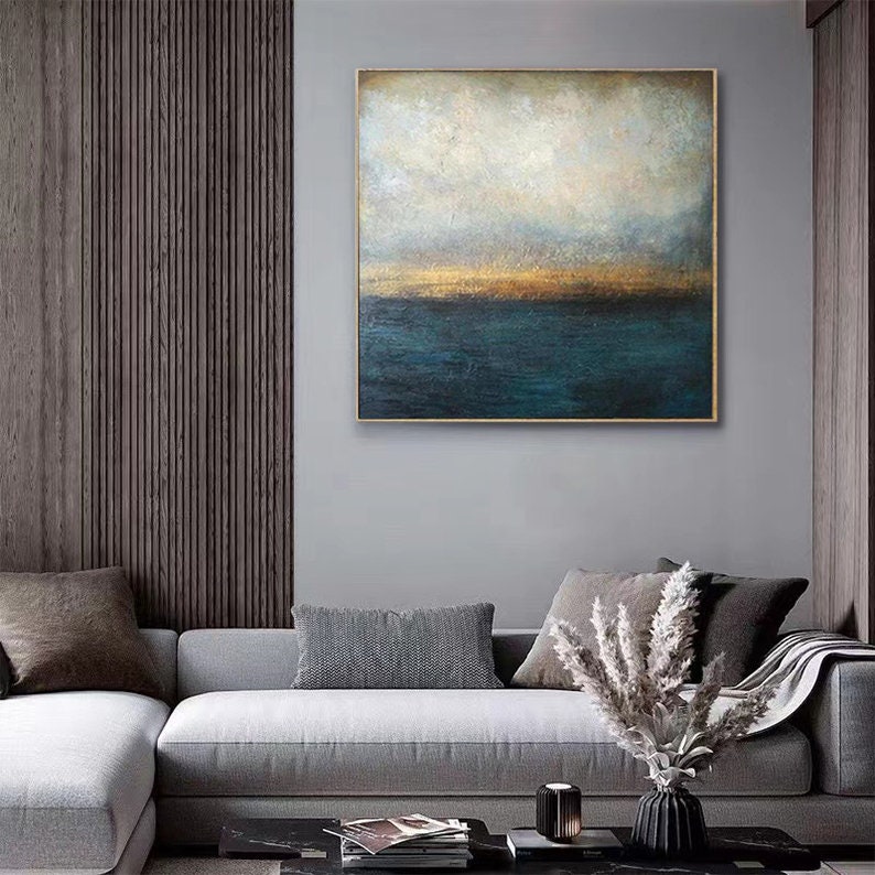 Sunset Painting Abstract Blue Ocean Wall Art Gold Horizon Fine - Etsy