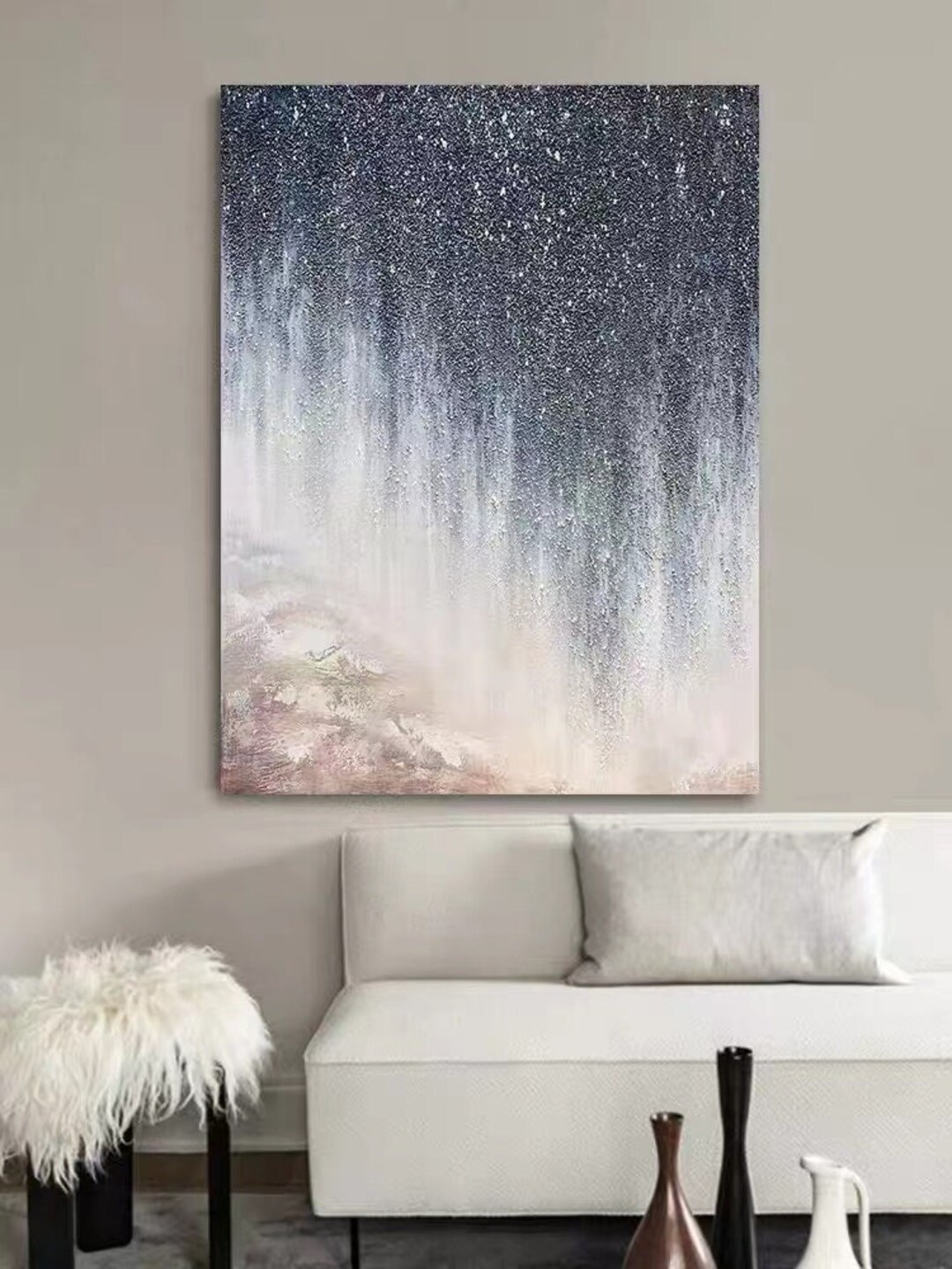 Original Blue White Starry Sky Painting Boho Abstract 3D Textured Wall ...