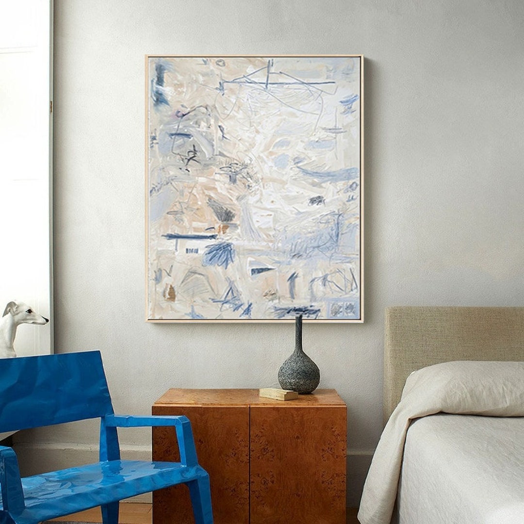 Large Blue and White Abstract Painting Line Art on Canvas Minimalist ...