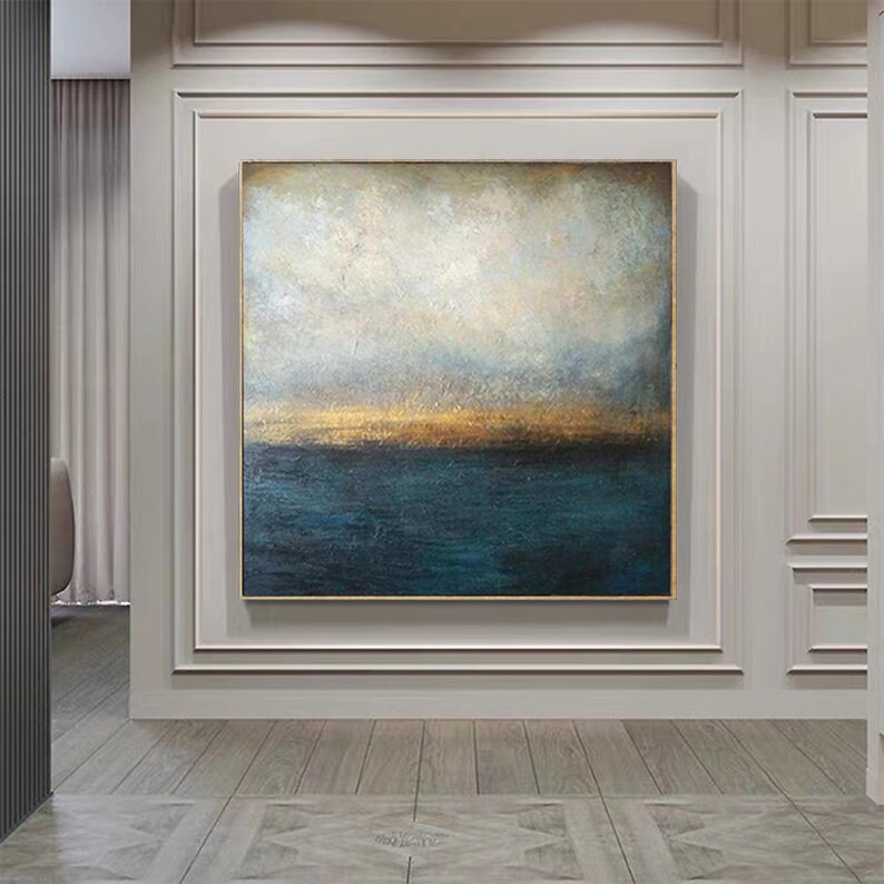 Sunset Painting Abstract Blue Ocean Wall Art Gold Horizon Fine - Etsy