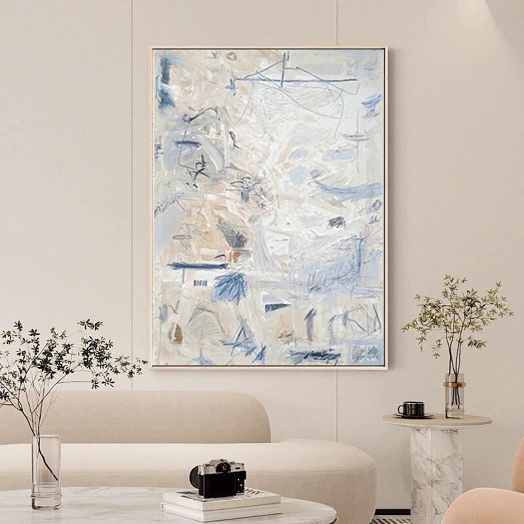 Large Blue and White Abstract Painting Line Art on Canvas Minimalist ...