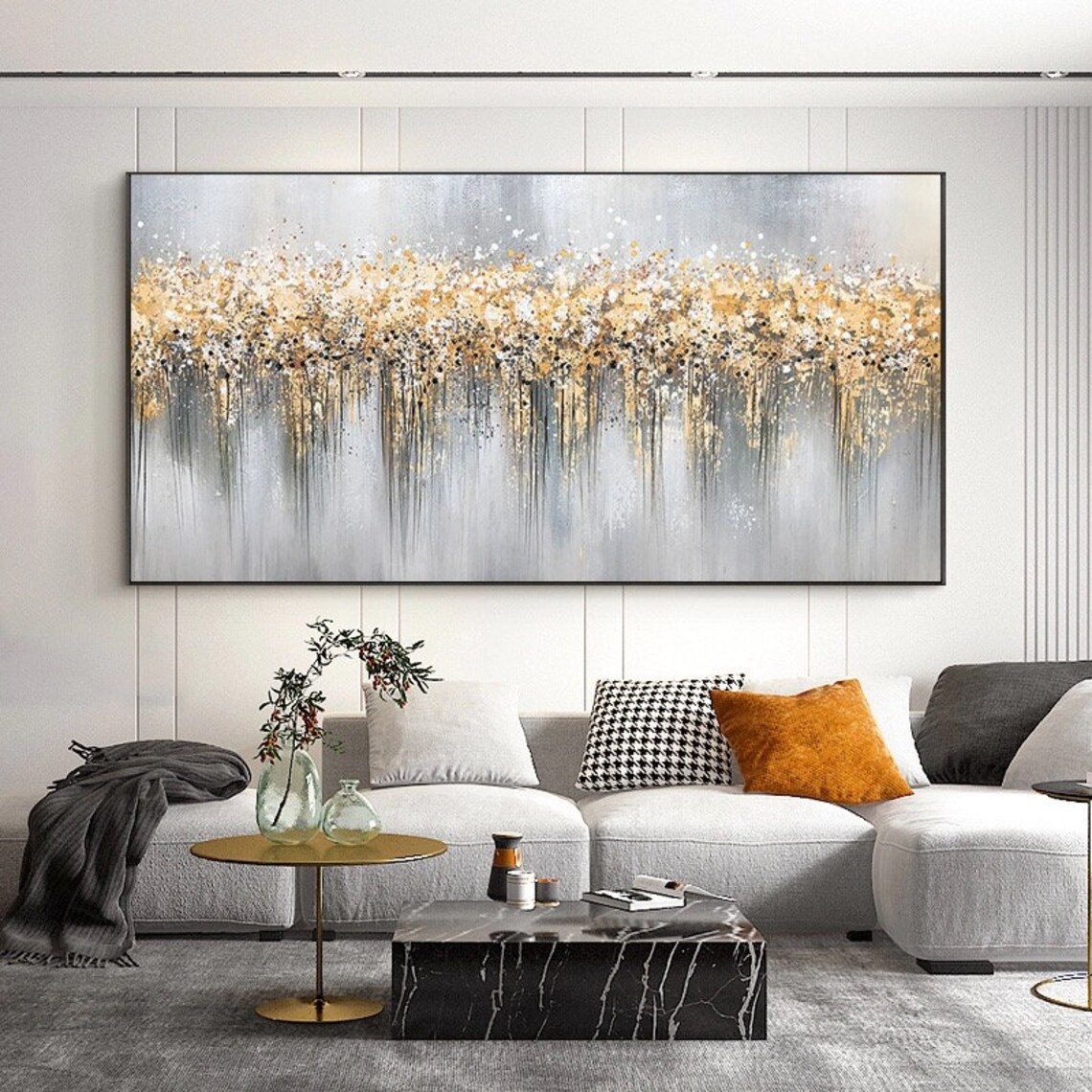 Large Gold and Silver Glitter Painting Thick Texture Gold Leaf Gold ...