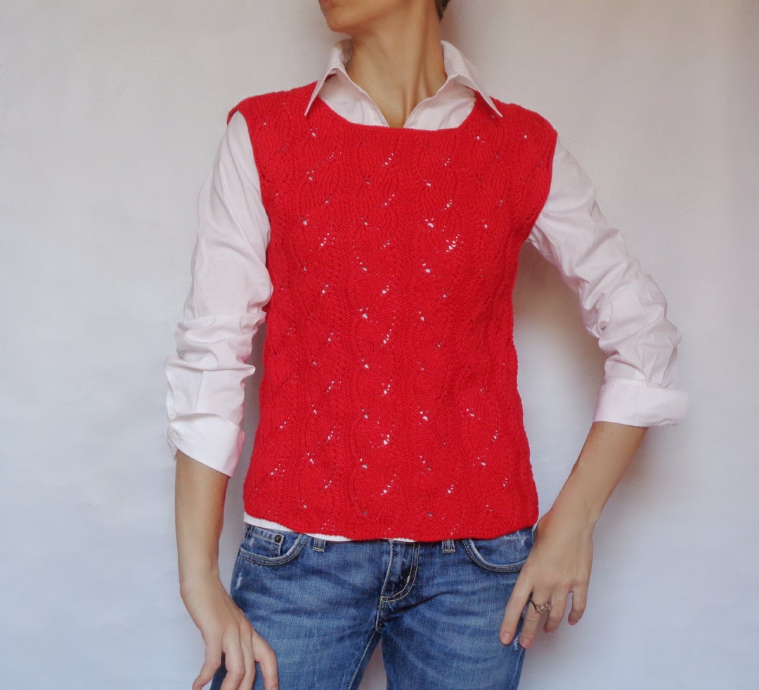 Red Sweater Vest Cable Knit Vest Sleeveless Sweater Cropped Vest Hand ...
