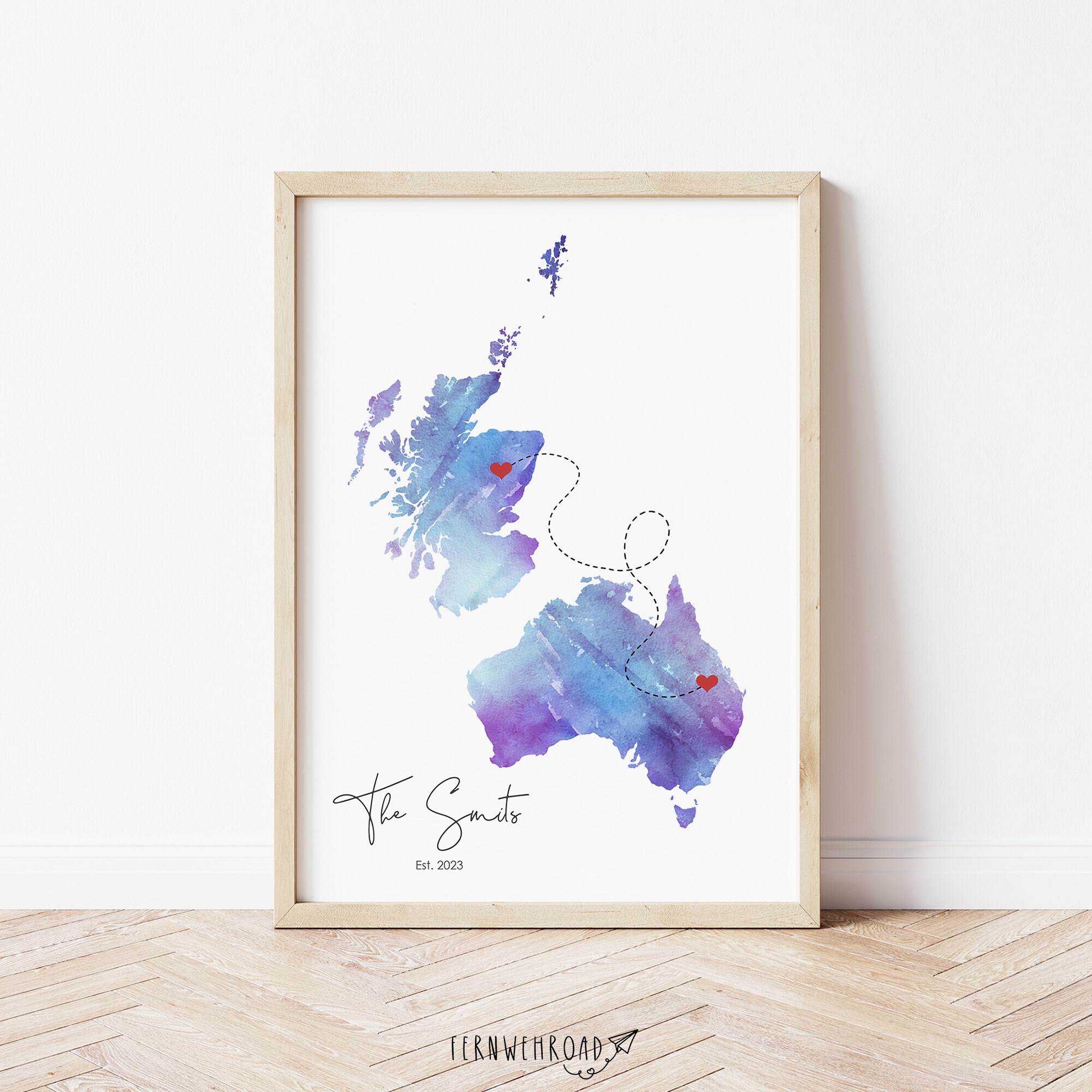 Custom Map Wall Art, Wedding Gift Print, ANY Two Countries or Places ...