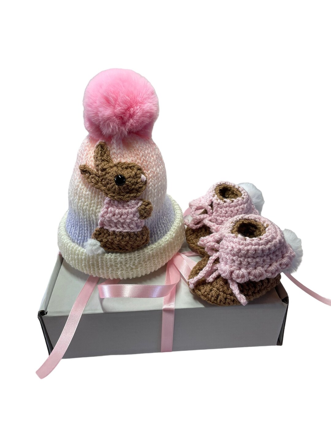 Peter Rabbit Hat and Booties Set, Cute Pink Bunny Rabbit Pom Pom Hat ...
