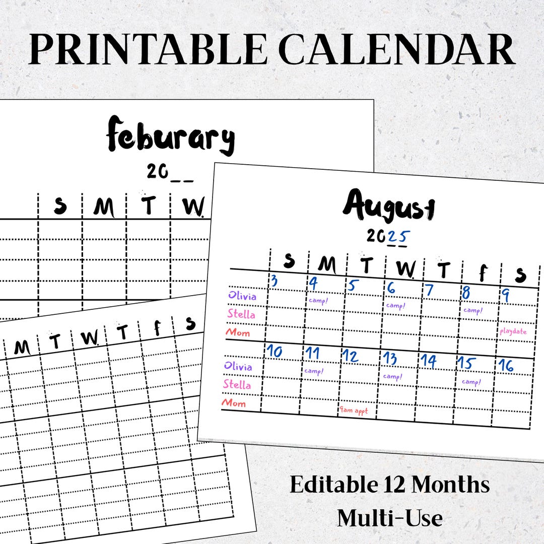 Undated Printable Monthly Calendar | 12-month PDF Family Planner ...