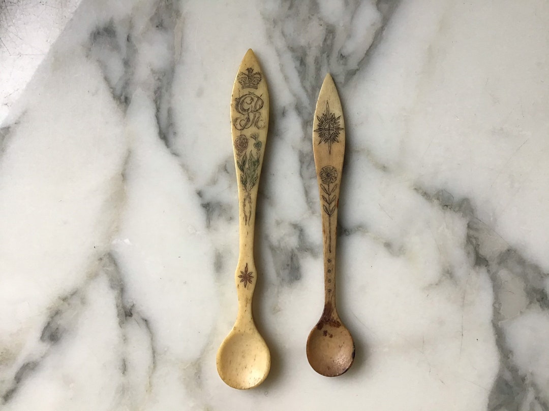 A Couple of Interesting 19th Century Inscribed Lamb Bone Salt Spoons ...