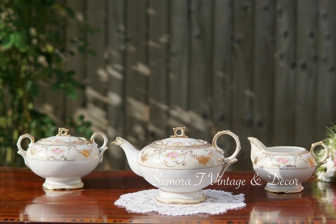 Antique Noritake Rose Pattern Teapot Set, Creamer/ Milk Jug and Sugar ...