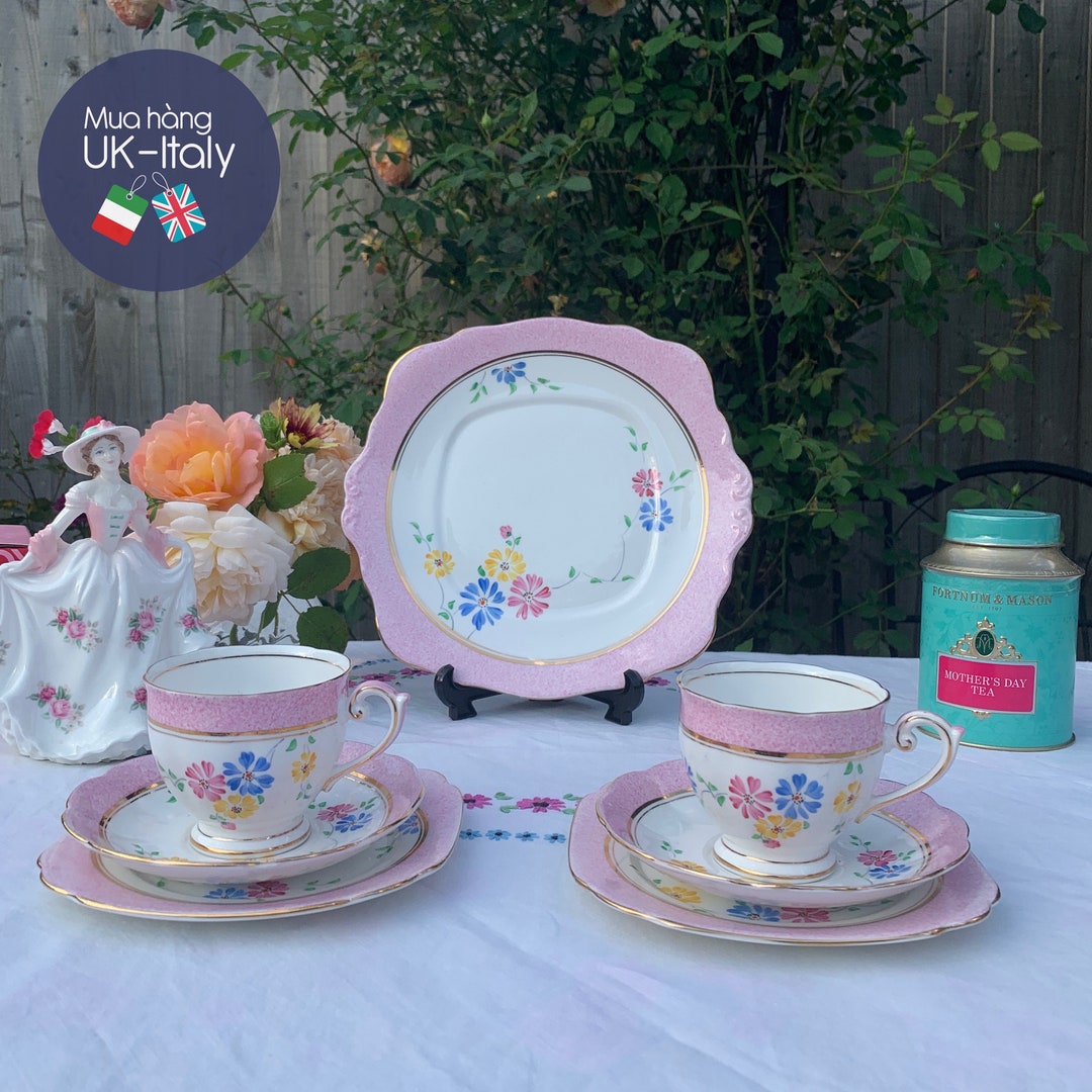 Bell China Cosmos Dianthus Dainty Flower Pink Blue Tea Set C.1950 7 ...