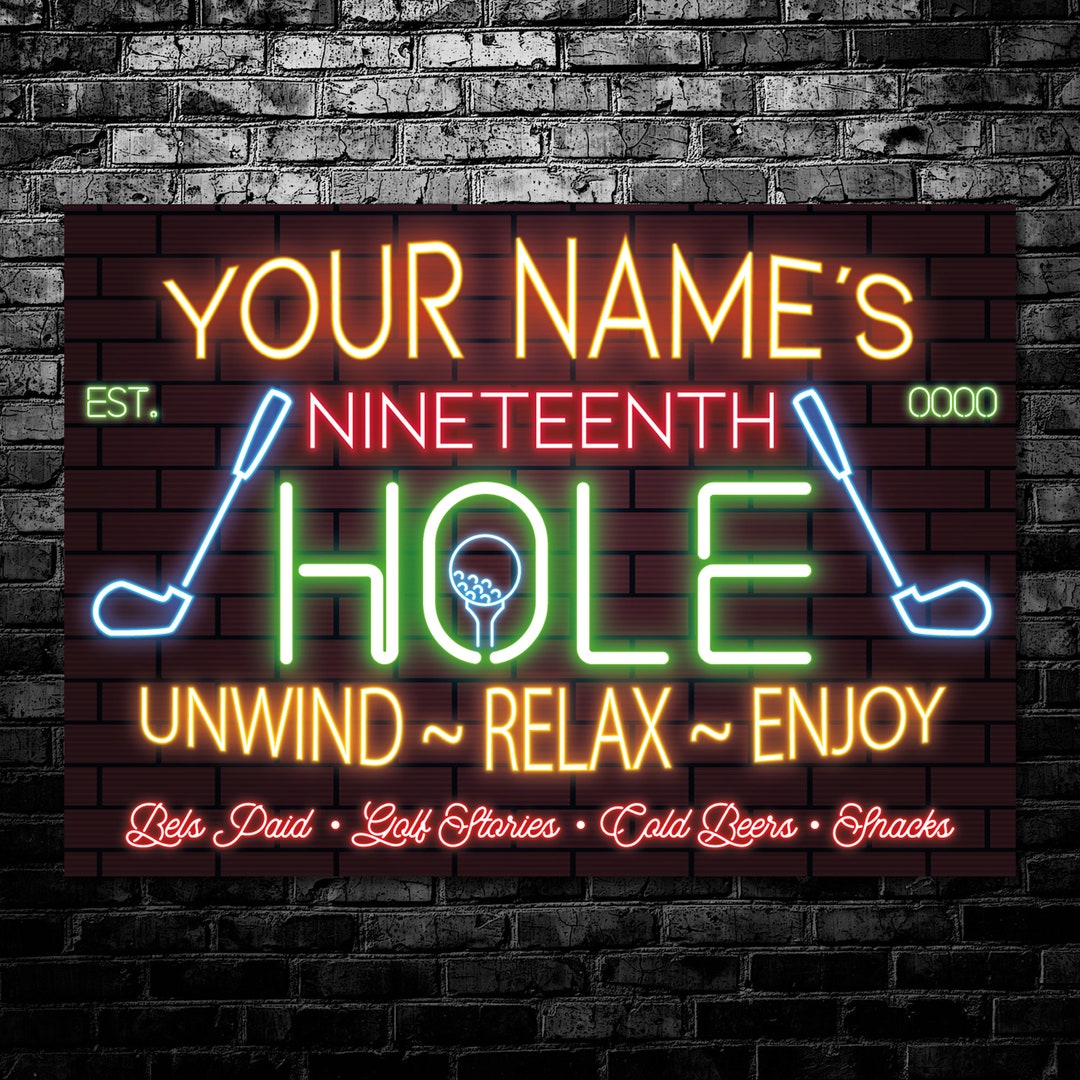 Personalised 19th Hole Golf Club Neon Effect Golfers Welcome Customised ...