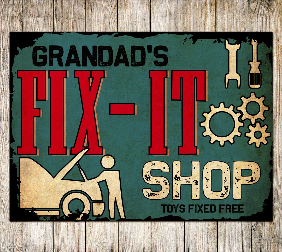 PERSONALISED Fix-it Shop Sign Shed Garage Workshop Grandad Dad Brother ...