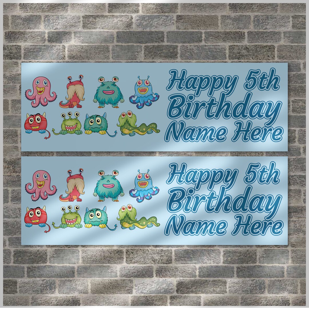 2 Monster Themed Personalised Birthday Banners Kids Adults Children ...
