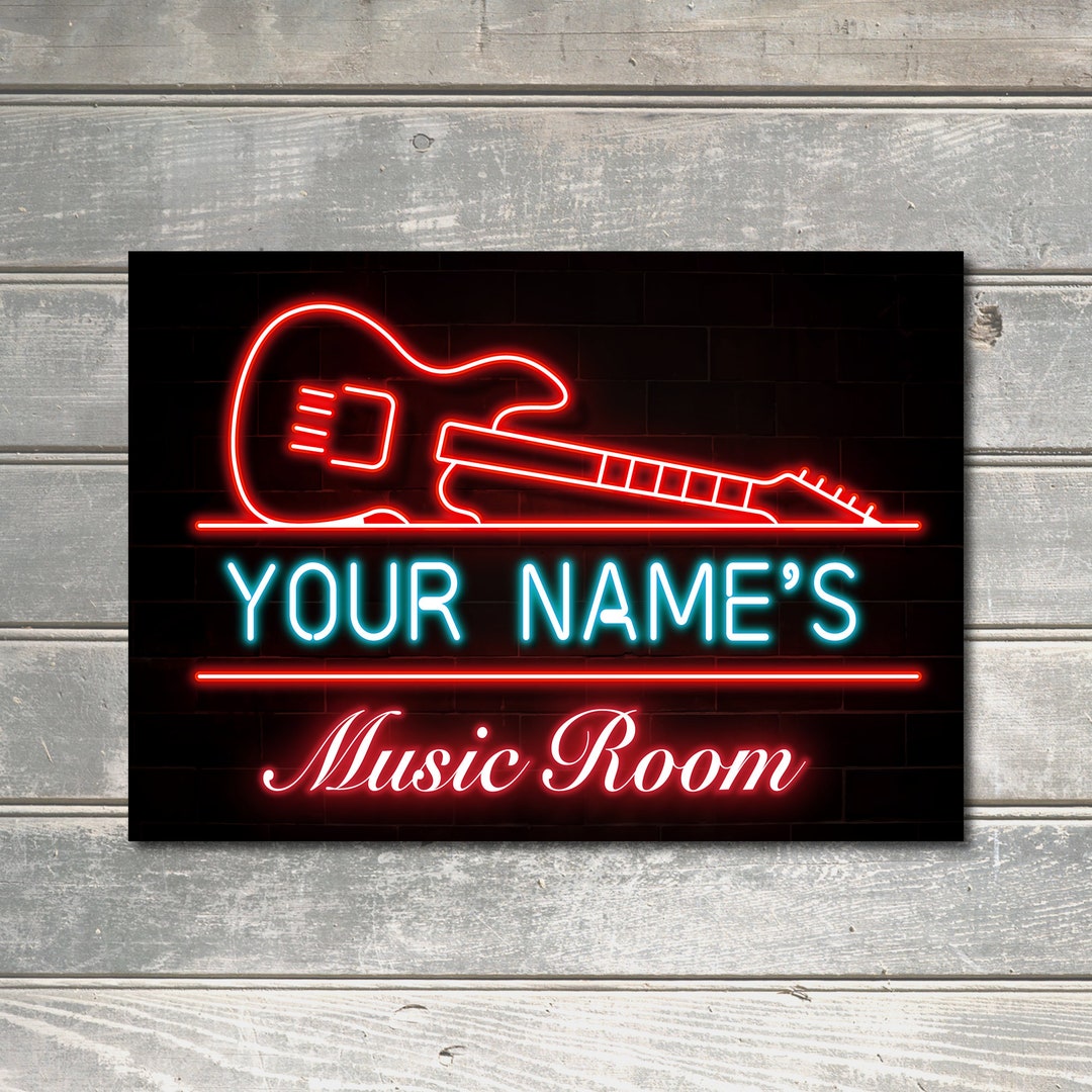 PERSONALISED Music Room Sign Guitarist Gift Custom Metal Plaque Neon ...