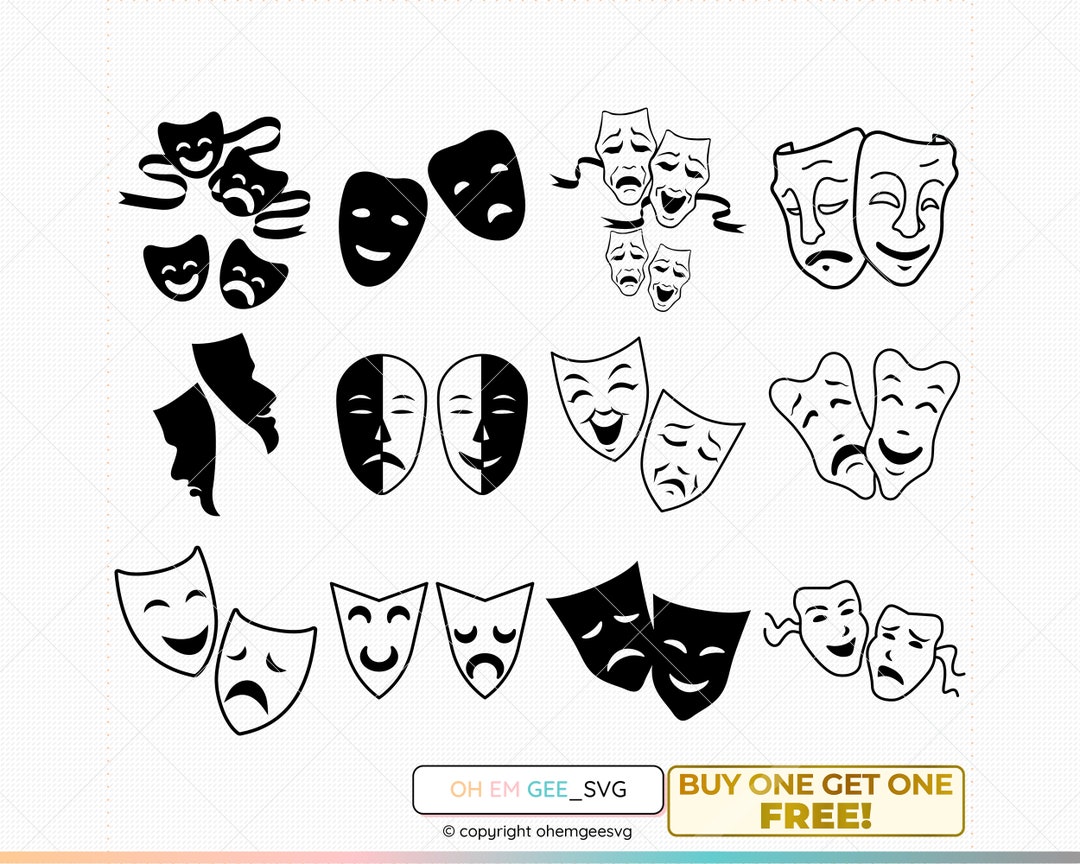 Thespian Mask SVG Bundle, Thespian Mask Png, Thespian Clipart, Mask Dxf ...