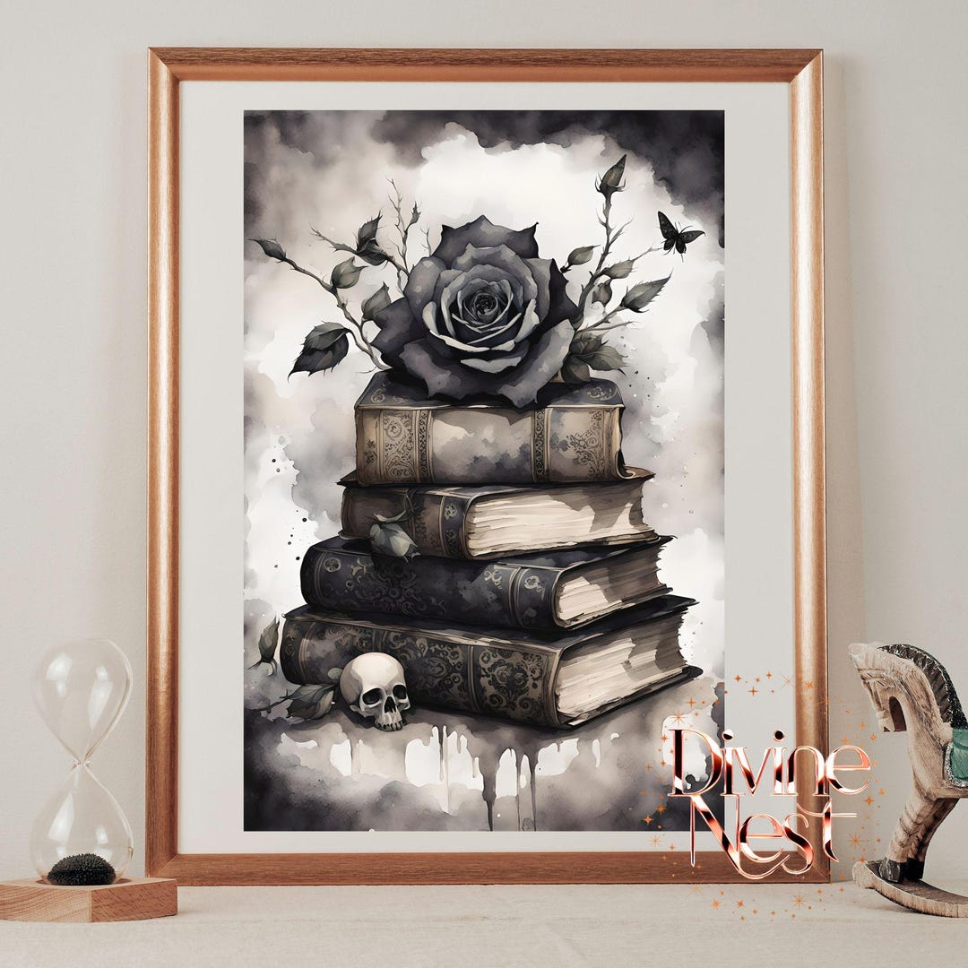 Gothic Black Rose Book Stack Print: Morally Grey Decor (digital ...
