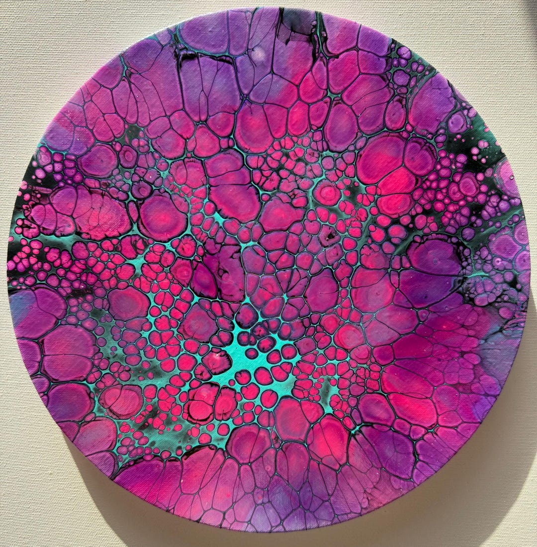 30cm Round Acrylic Pour Painting on Canvas Iridescent Neon Colours Pink ...